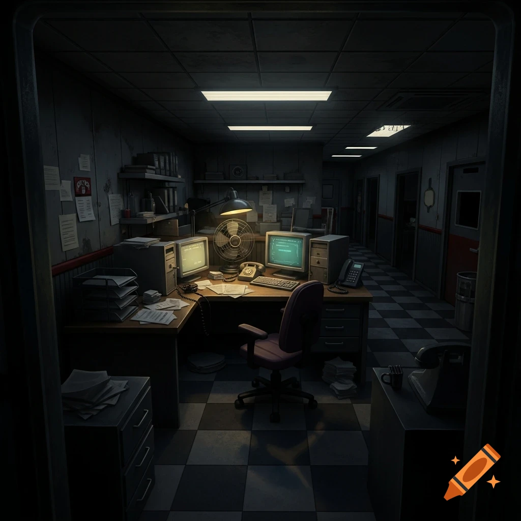 A dimly lit, messy office with old computers, a desk fan, a telephone ...
