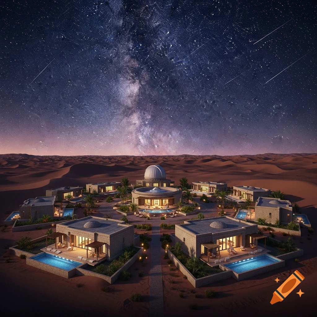 A luxurious desert resort with villas and swimming pools under a ...