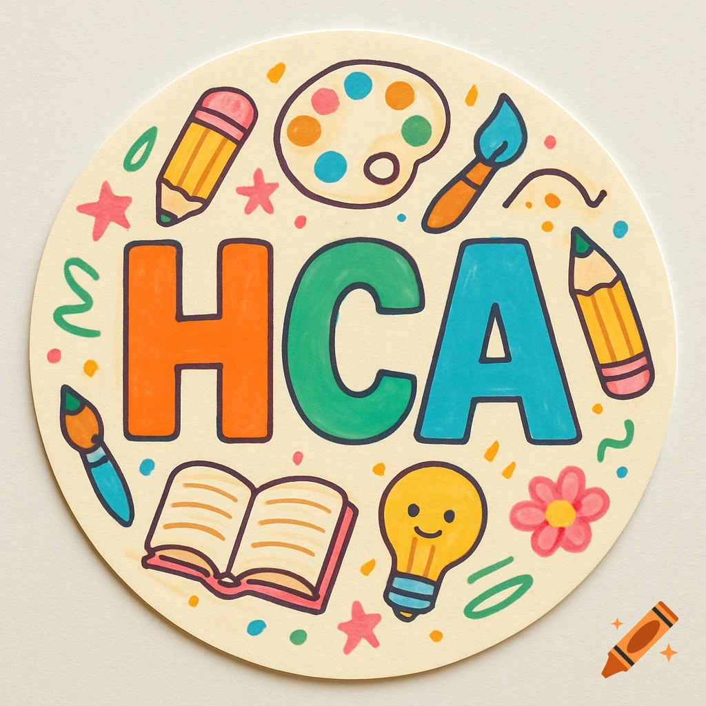 A colorful, round sticker with 'HCA' in orange, green, and blue ...