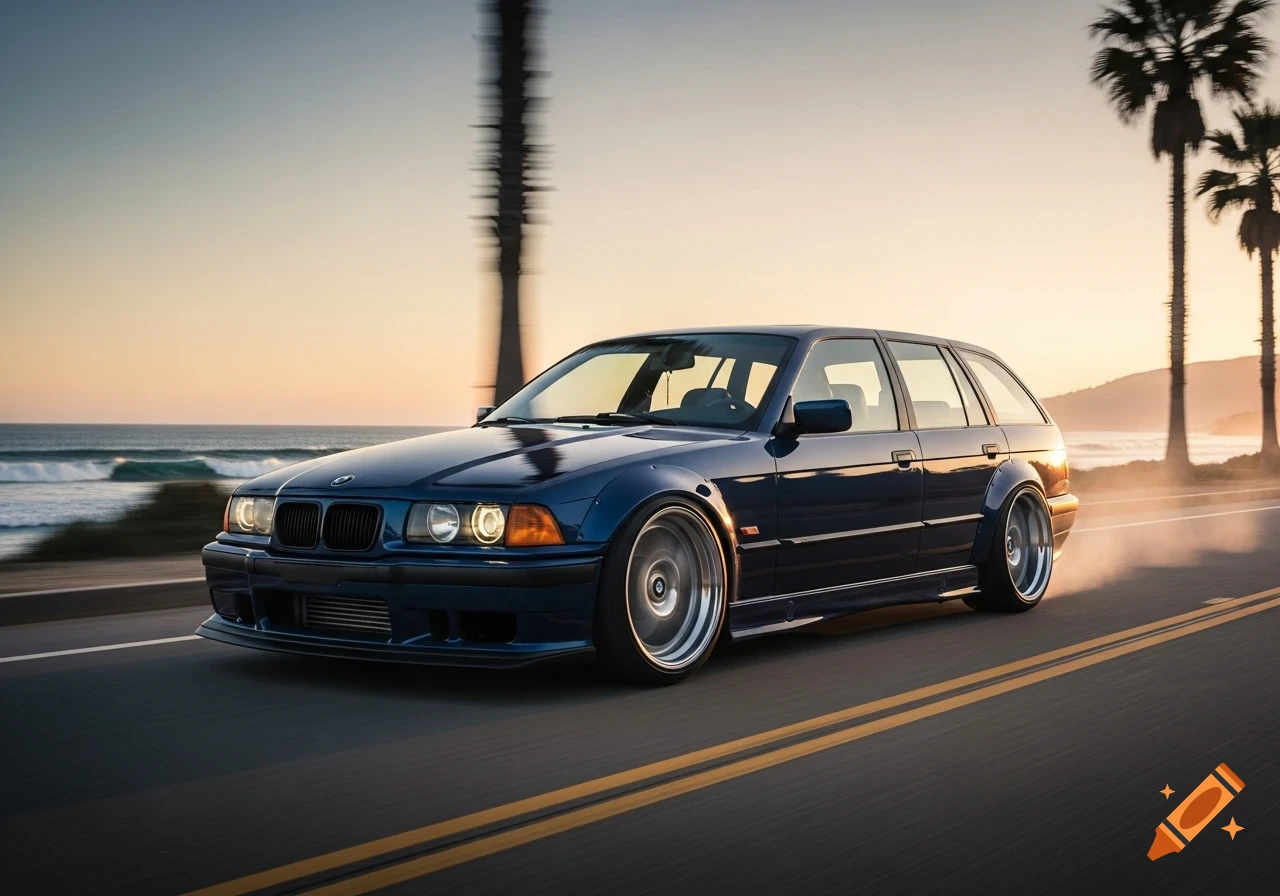 A dark blue BMW E36 touring wagon with a widebody kit drives on a ...