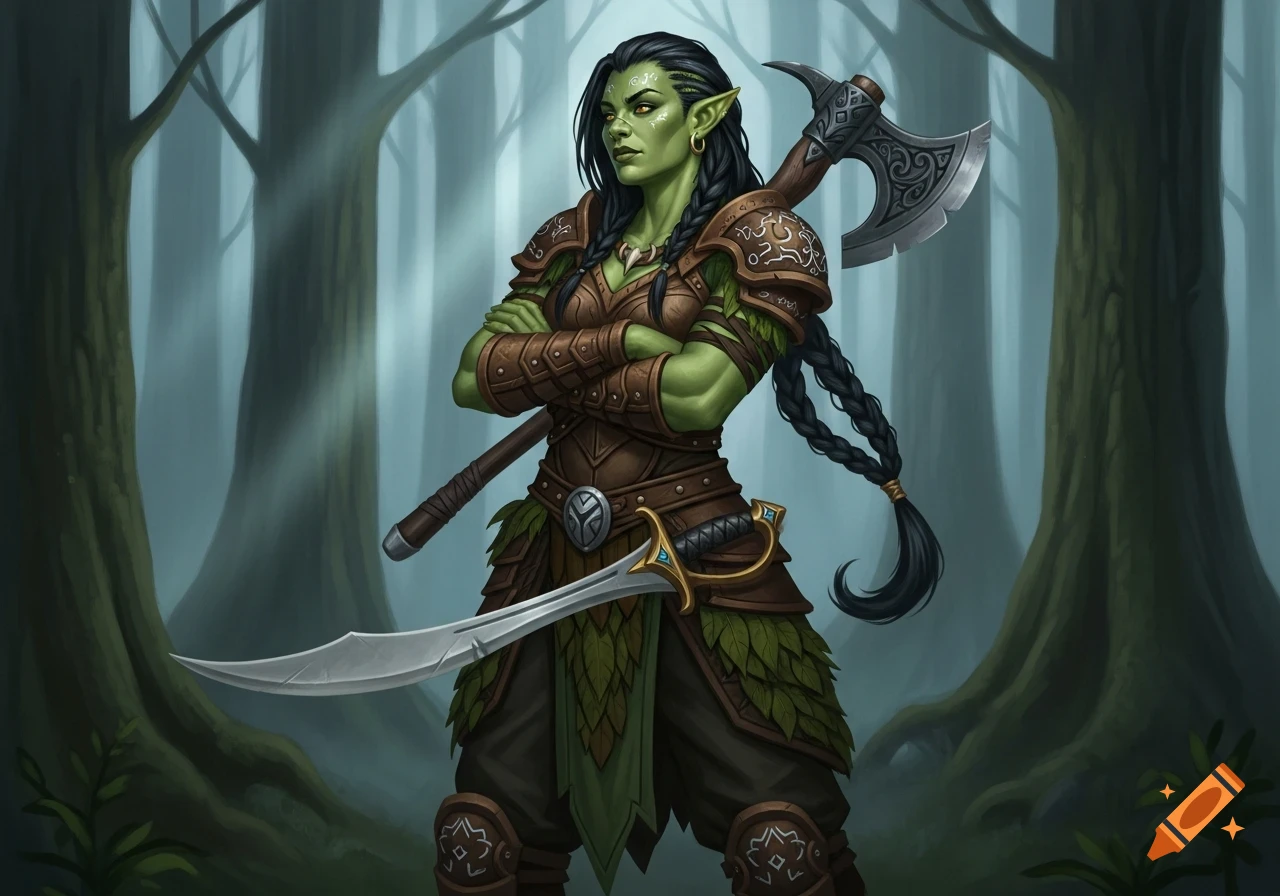 A muscular green-skinned female half-orc druid with black braids stands ...