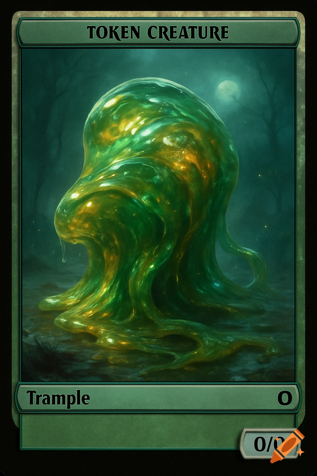 A green Magic the Gathering token card features a glowing, amorphous ...