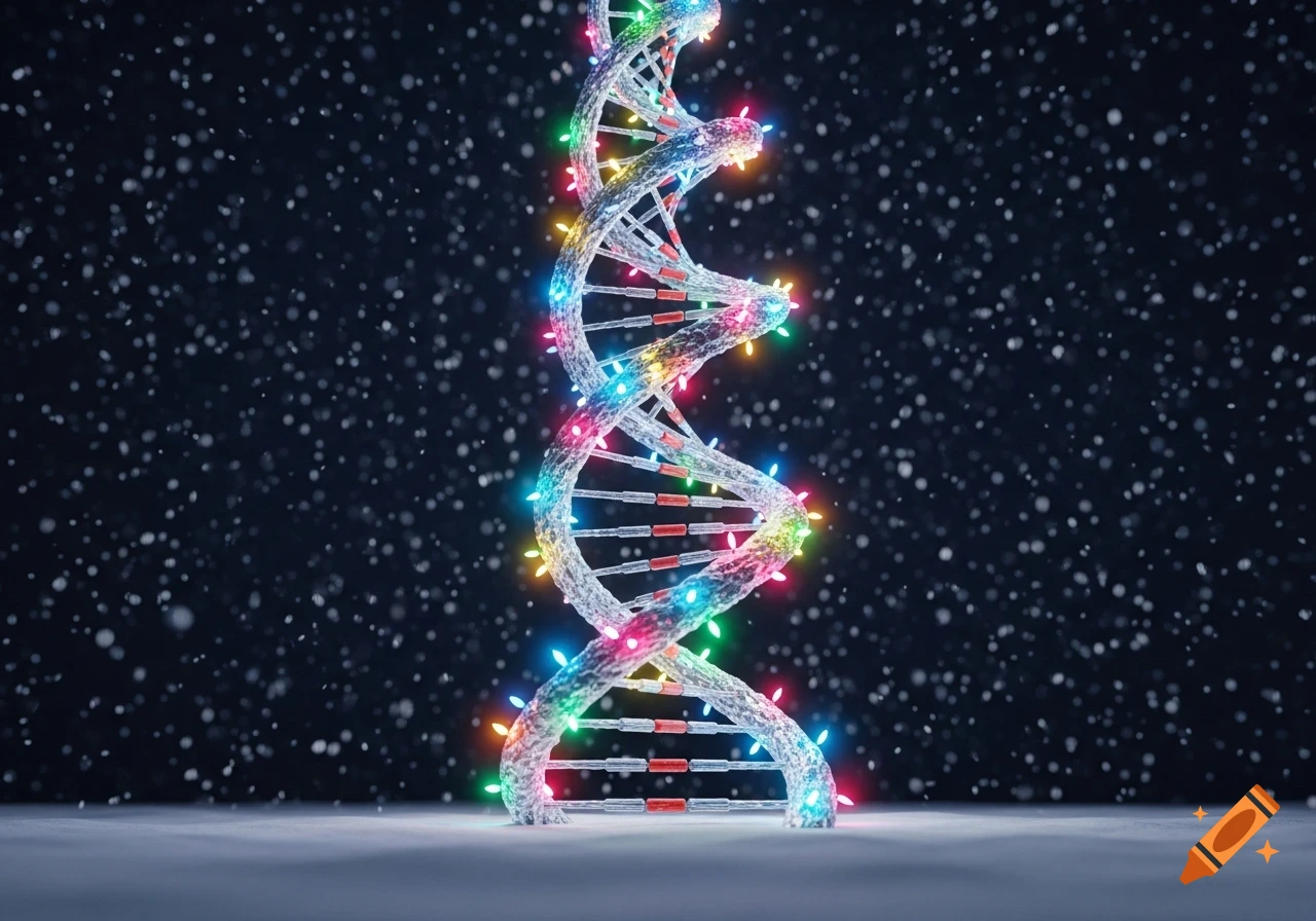 A glowing DNA helix decorated with colorful Christmas lights stands in ...