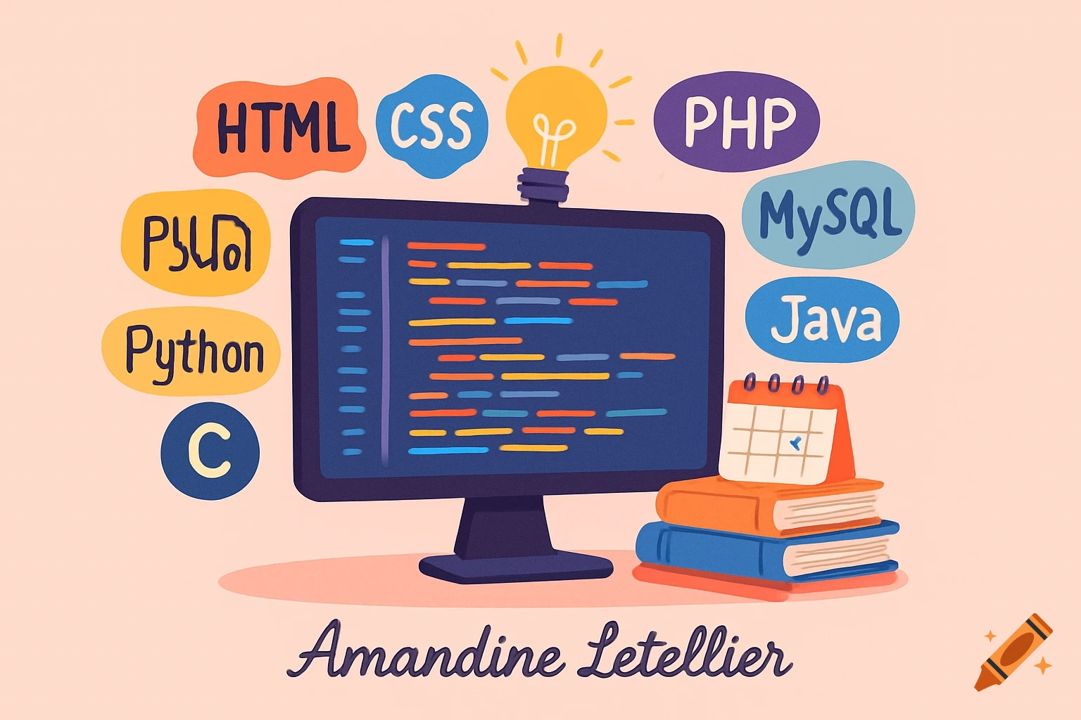 A flat-style illustration of a computer screen displaying code ...