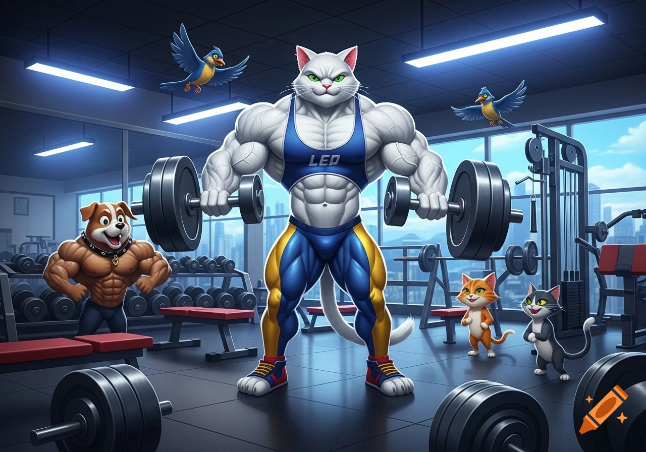 Cartoon image of a muscular white cat bodybuilder named Leo lifting ...