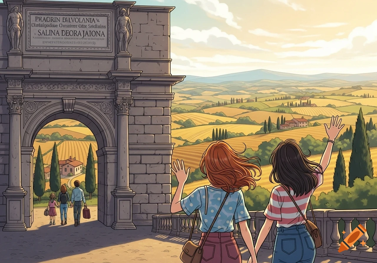 Two girls wave goodbye from an ancient stone archway overlooking a ...