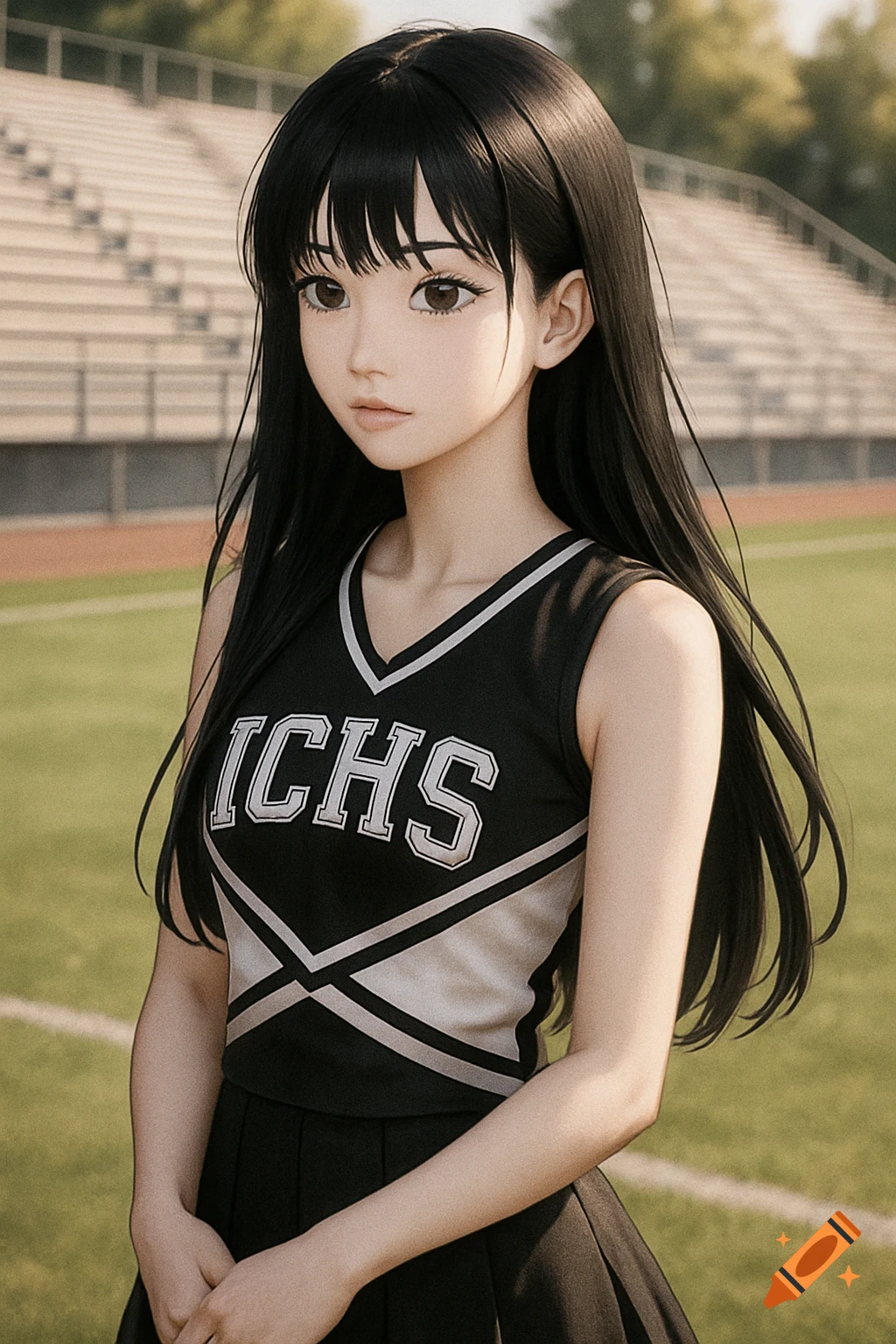 Realistic manga illustration of a young woman with long dark hair in a ...