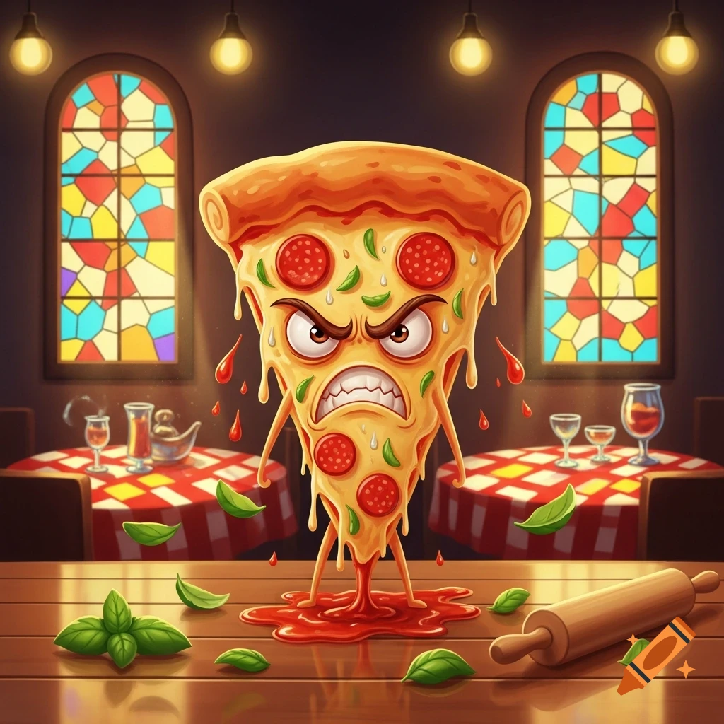A cartoon angry pizza slice with legs and a face oozes sauce on a ...