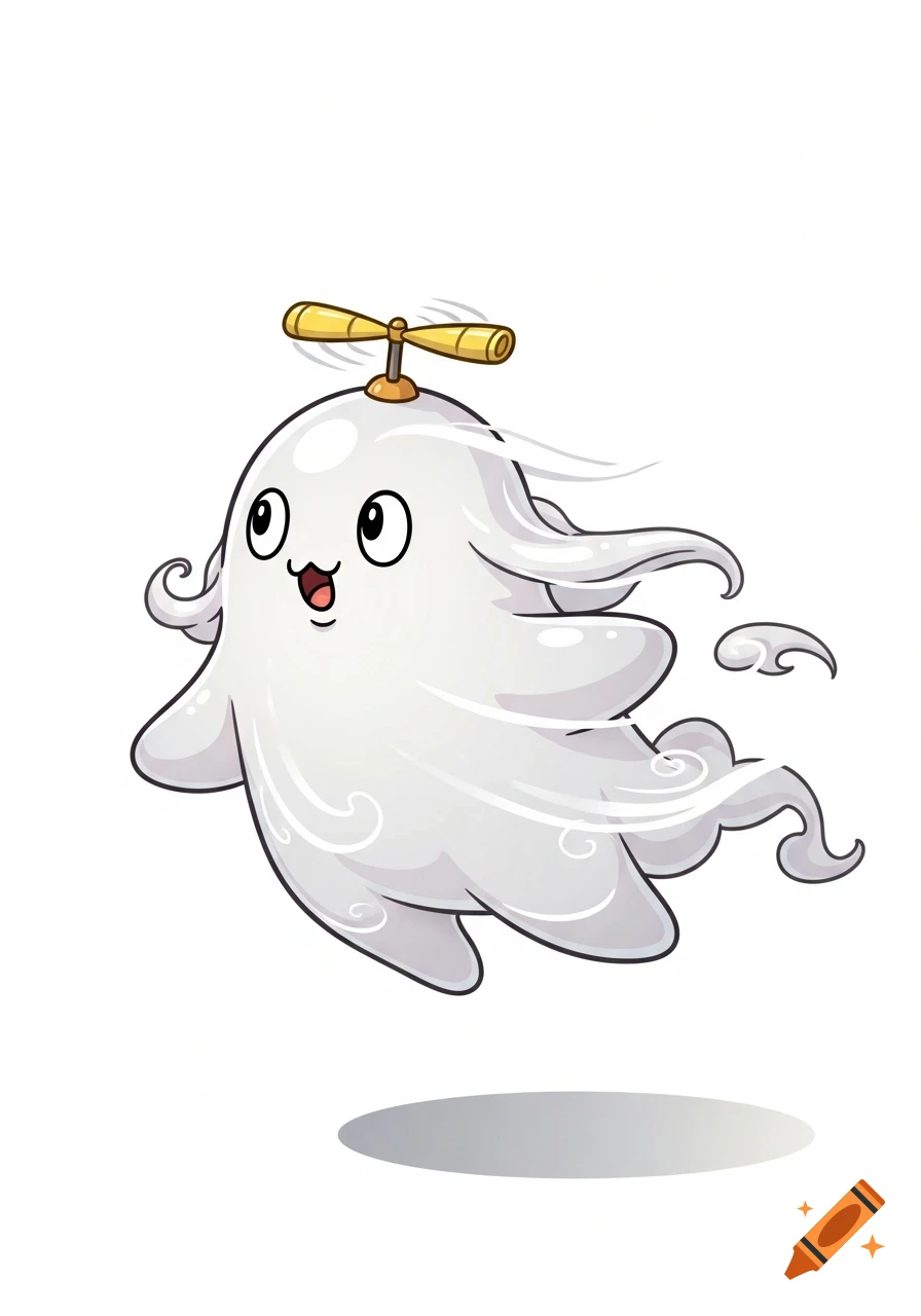 A cute, white, wispy air spirit character with a spinning yellow ...