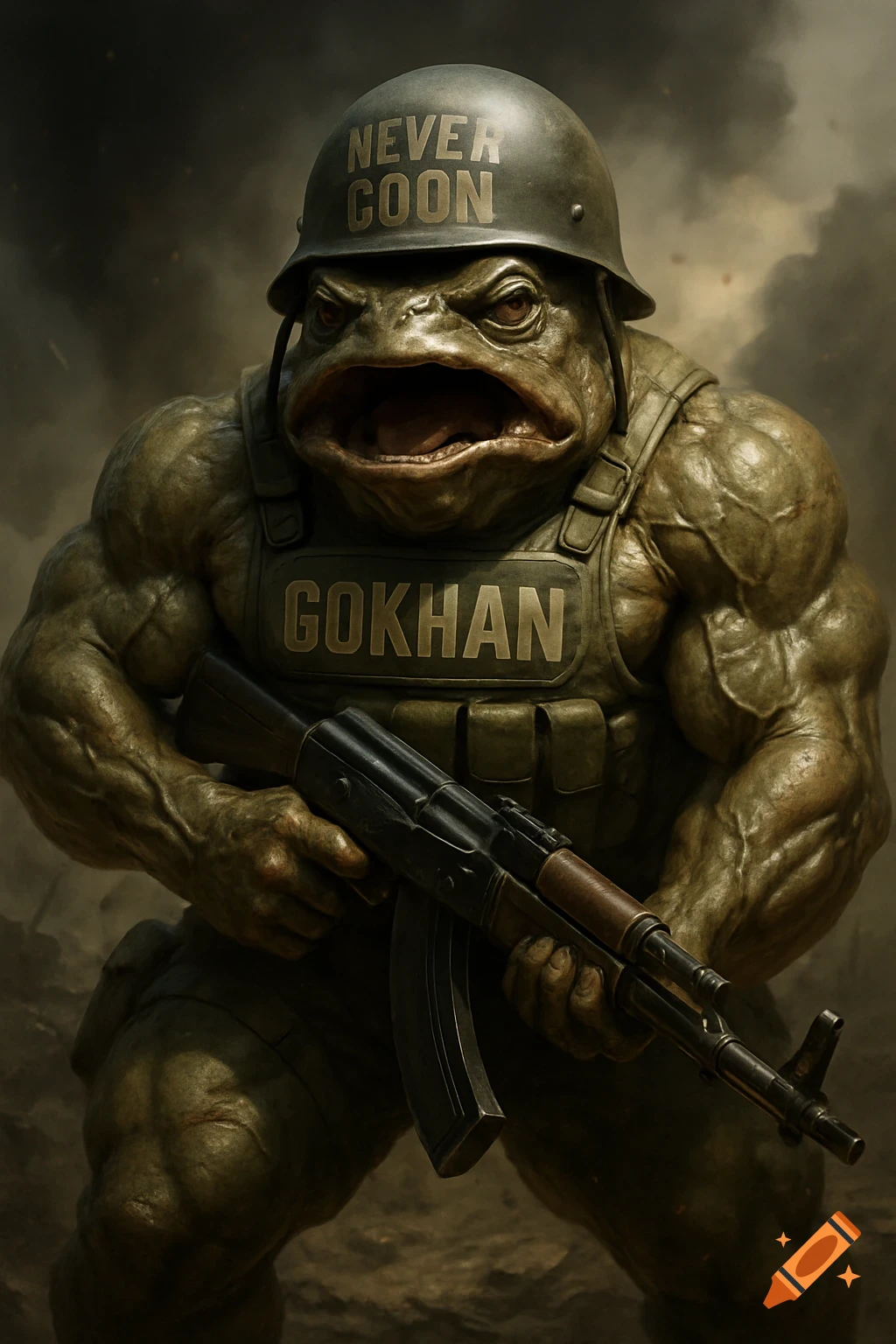 A muscular, anthropomorphic frog soldier in military gear, wearing a ...