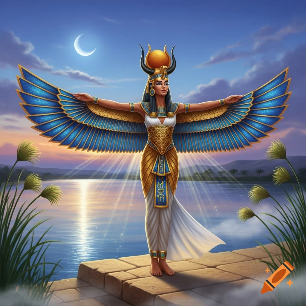 Egyptian goddess Isis with blue and gold wings stands by a moonlit lake ...