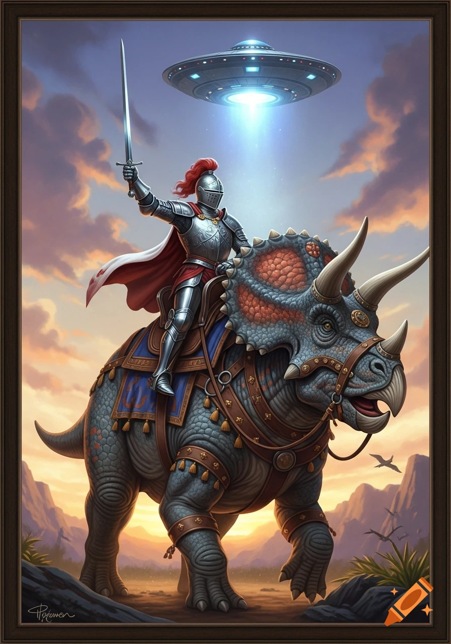 A knight in full armor, holding a sword aloft, rides a triceratops ...
