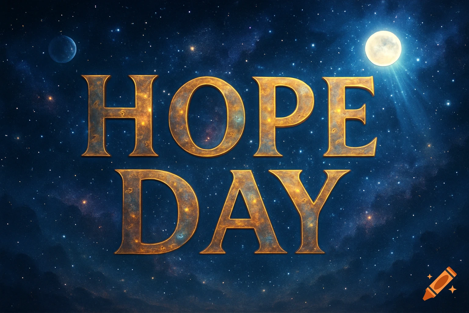 Golden, metallic letters spell HOPE DAY against a dark blue starry ...