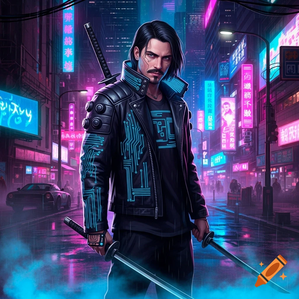 A cyberpunk street samurai with dark hair, mustache, and goatee stands ...
