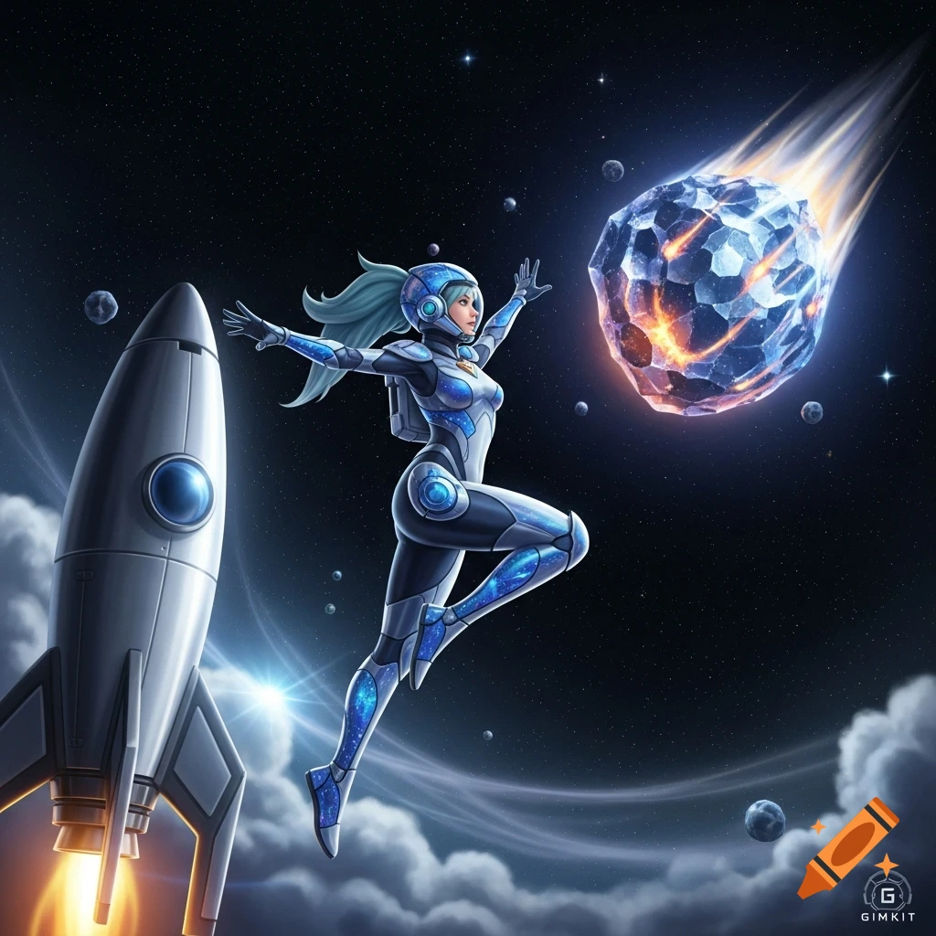 An illustrated spacewoman in a blue and white suit leaps from a rocket ...