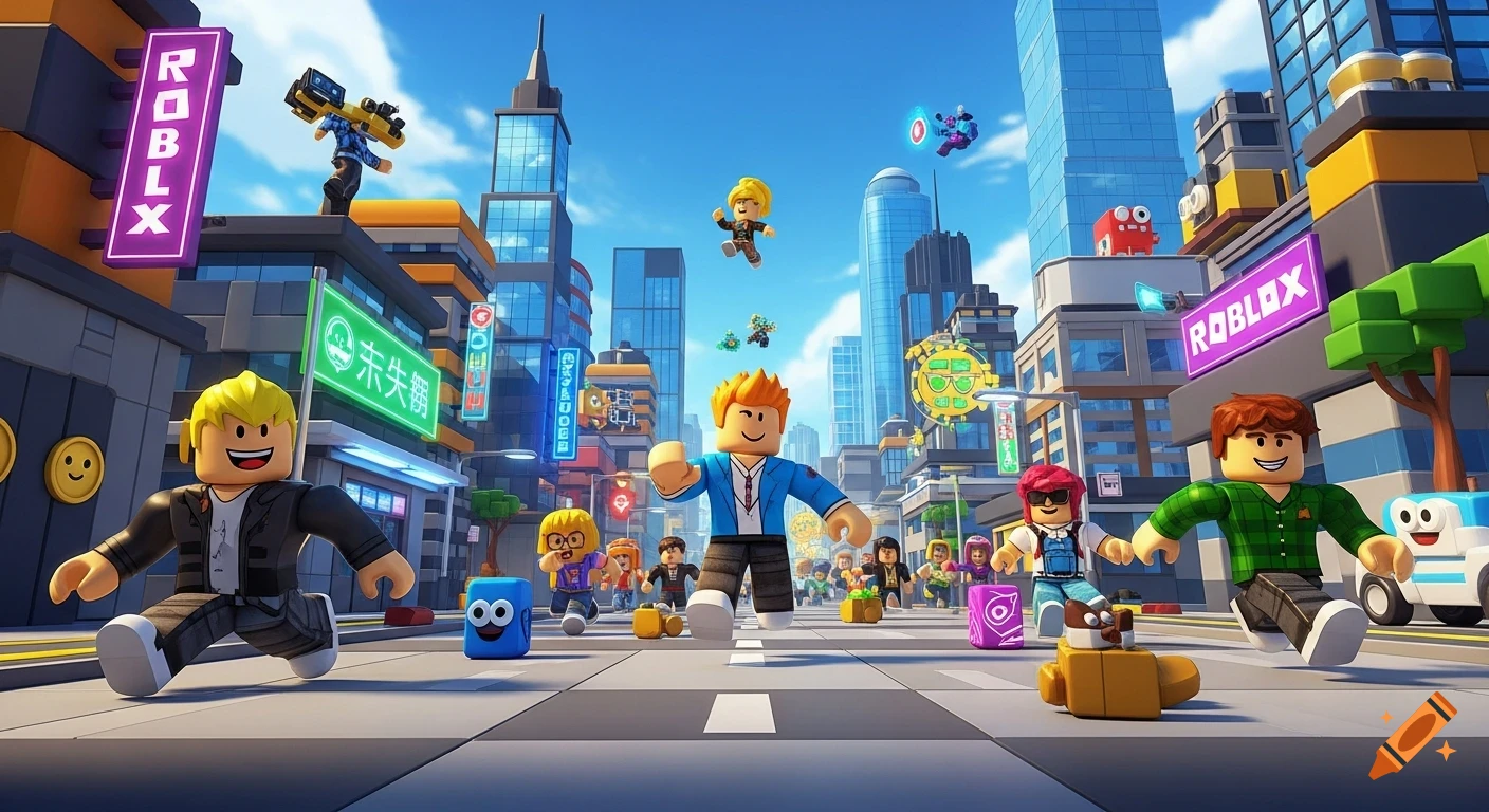 Roblox-style block characters run and float through a vibrant ...