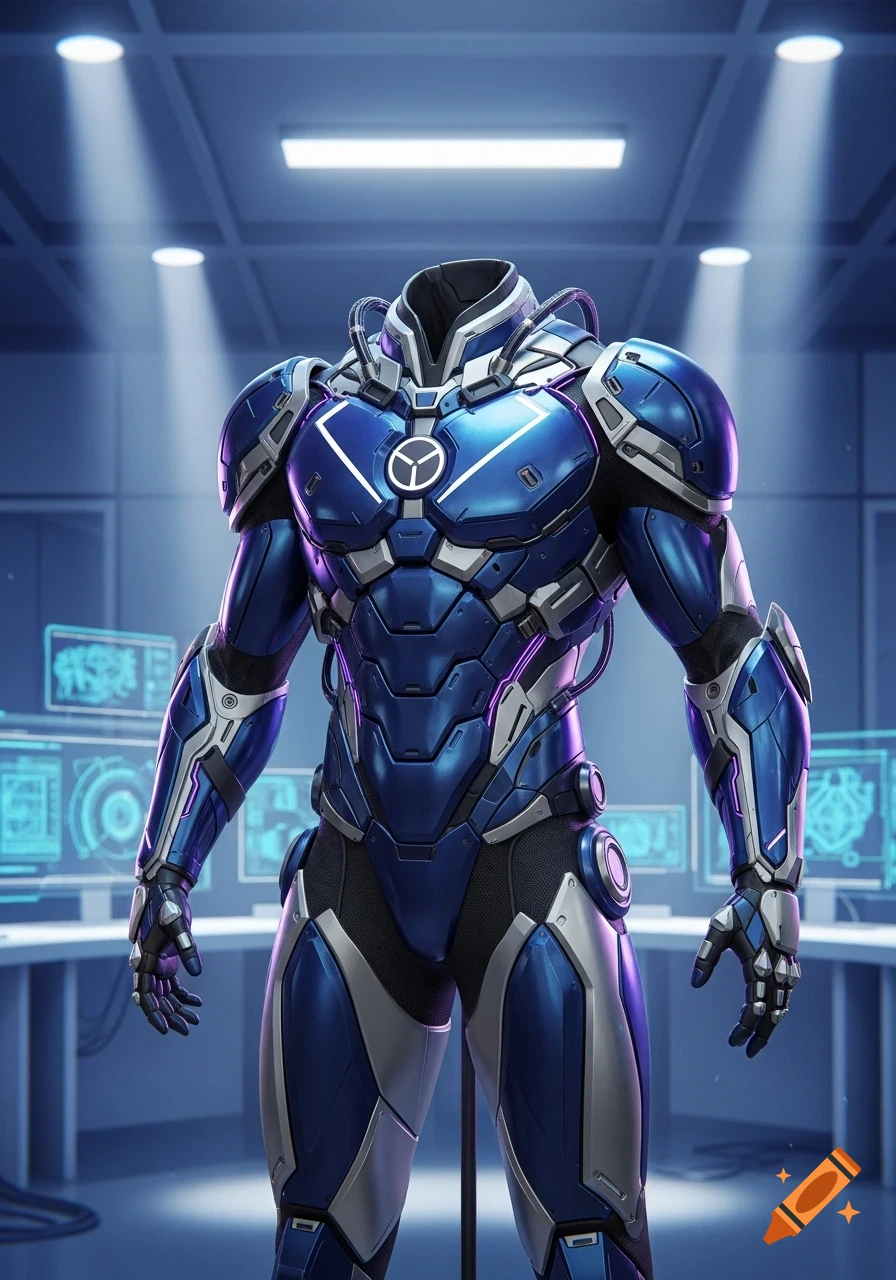 A highly detailed, shiny blue and silver headless superhero suit stands ...