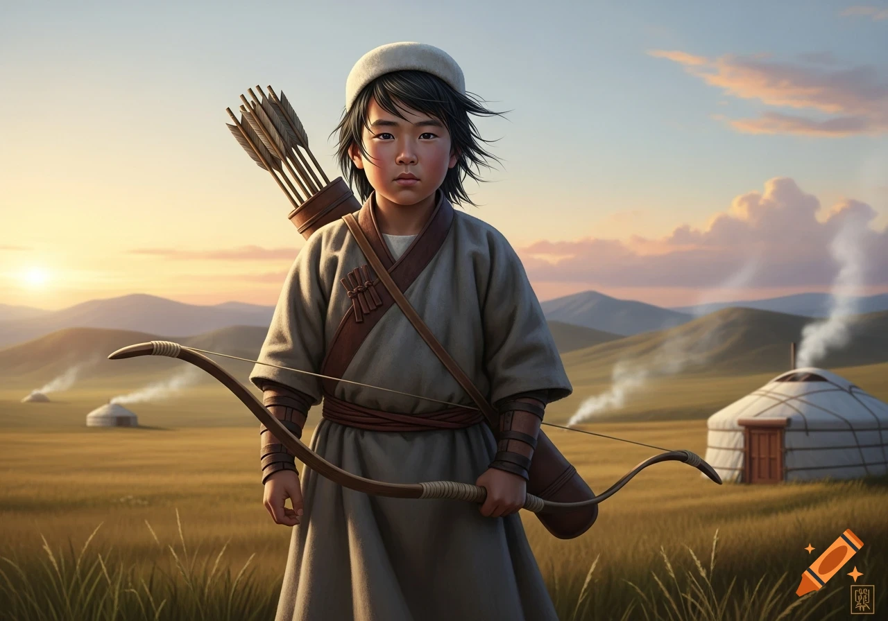 A young boy in traditional nomadic attire, with a bow and quiver ...