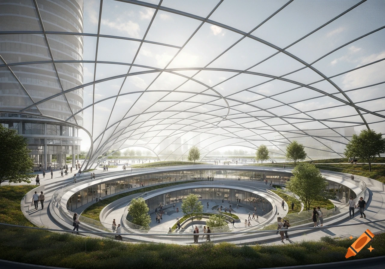 A grand, futuristic public plaza with a transparent mesh canopy ...