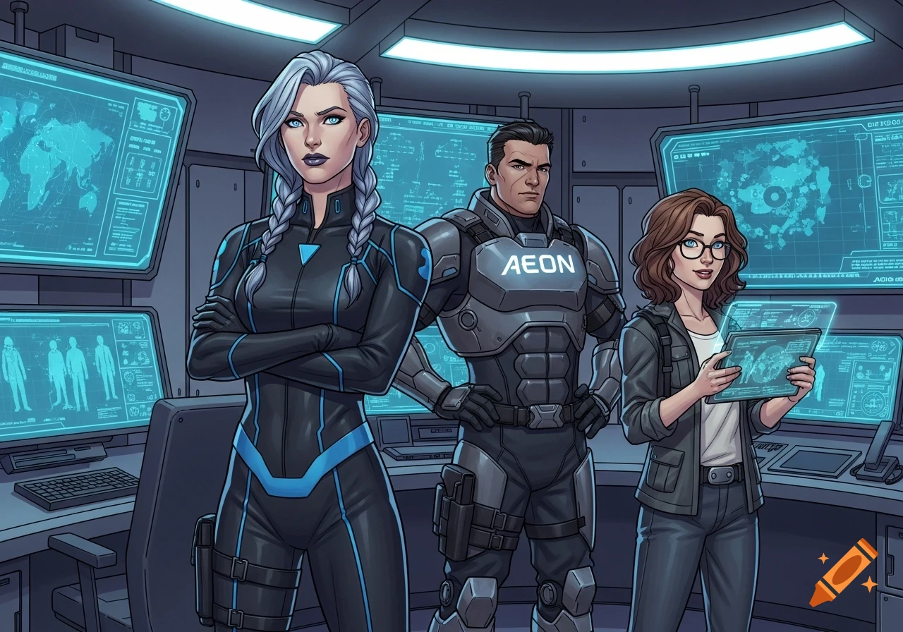 Three diverse commanders in tactical suits and armor stand in a glowing ...