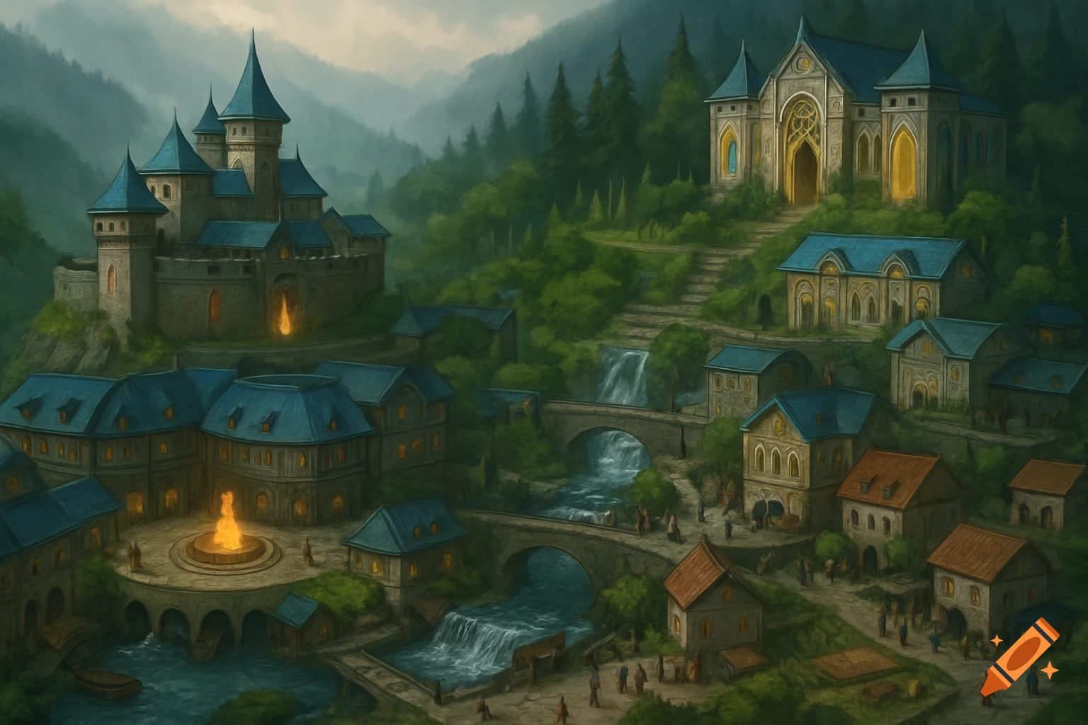 An elaborate fantasy town and castle built into a lush green ...