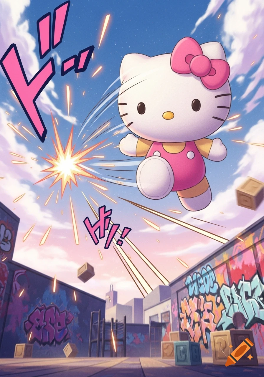 Hello Kitty jumps through an urban landscape with graffiti, surrounded ...