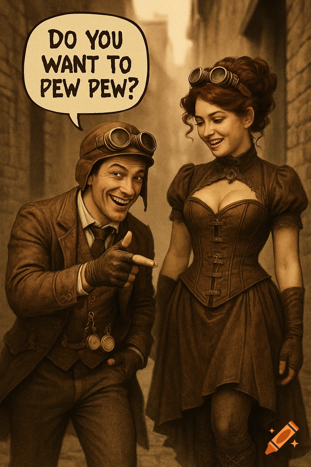 A steampunk man grins, pointing with a finger gun, a speech bubble reads 'Do you want to pew pew ...