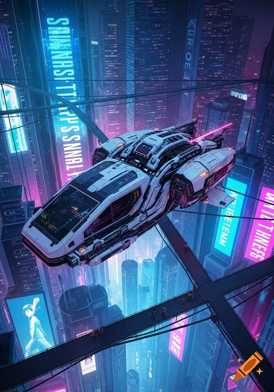 A futuristic white spaceship flies over a neon-lit cyberpunk city with ...