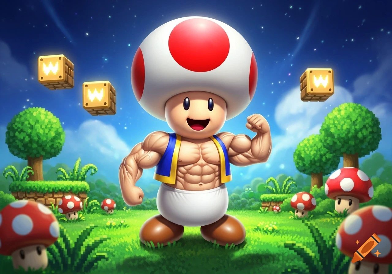 Muscular Toad from Super Mario flexing his biceps in a vibrant ...