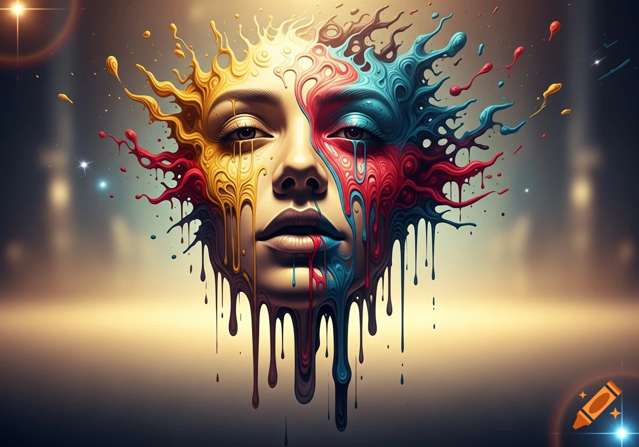 A stylized human face melting with vibrant yellow, red, and blue paint ...