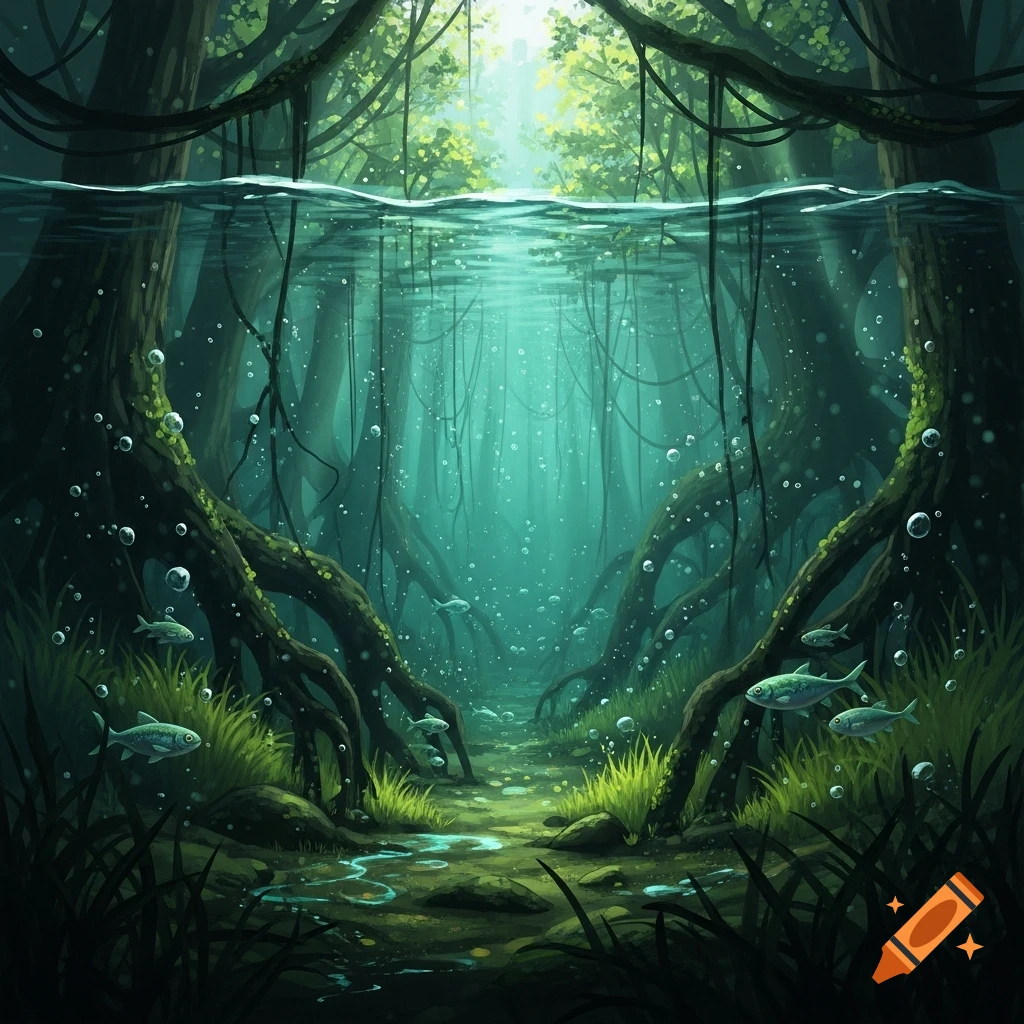 Vibrant digital painting of an underwater swamp. Gnarled tree roots ...
