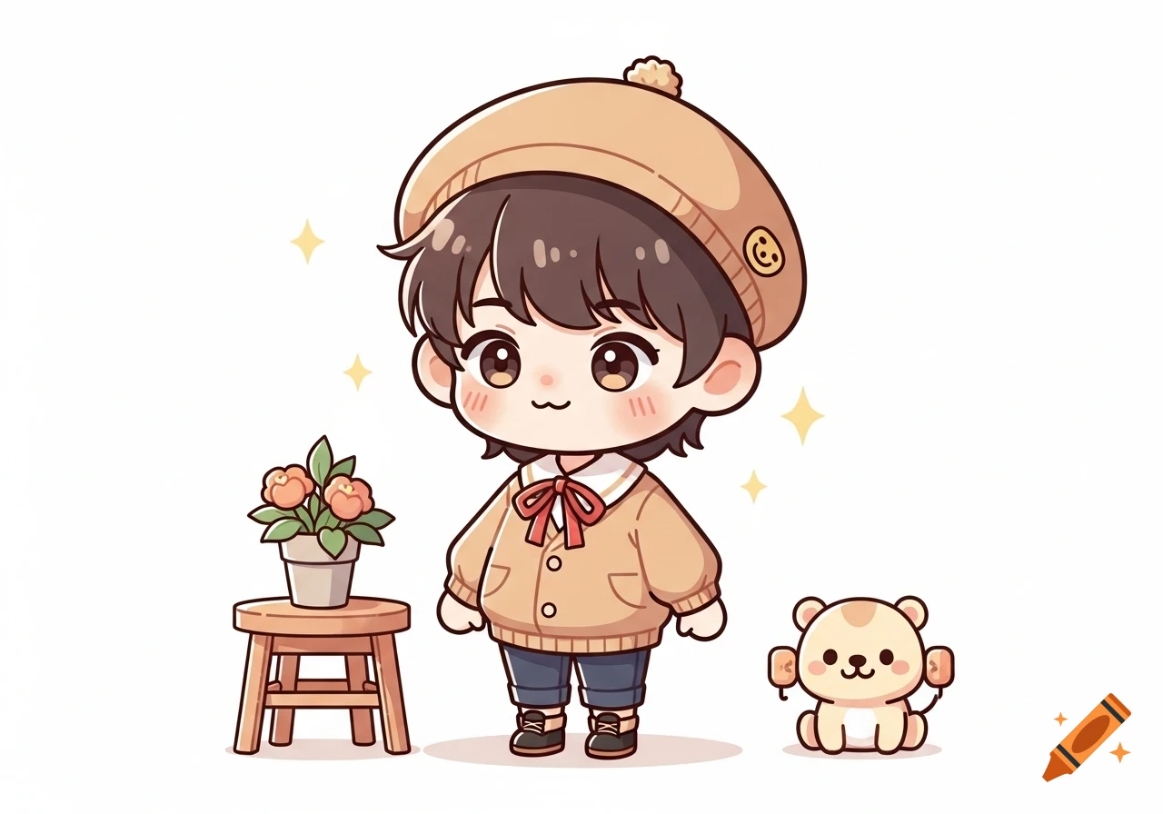 A cute chibi boy in a brown beret and cardigan stands next to a potted ...