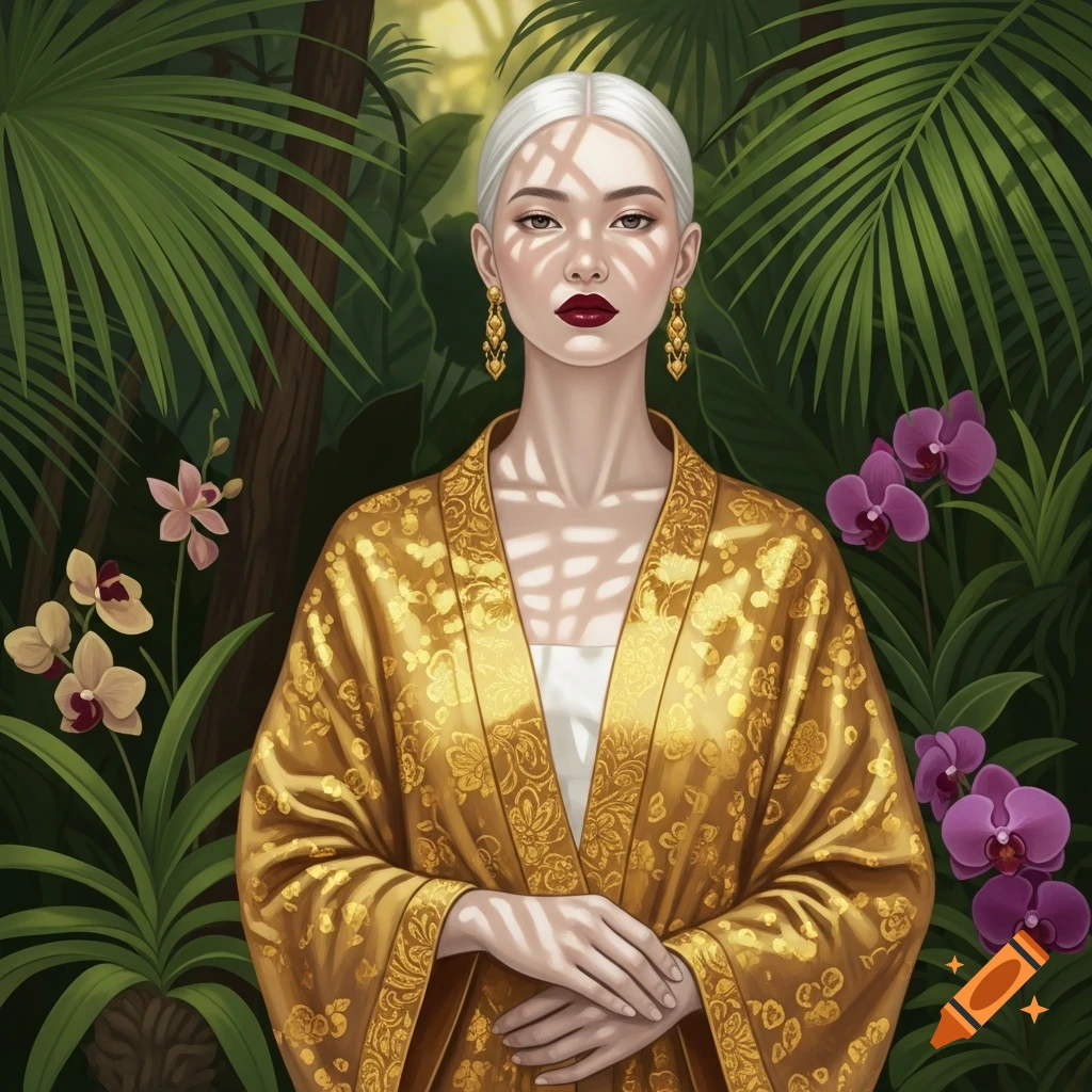 A light-skinned woman with white hair, crimson lips, and a golden patterned robe stands among ...