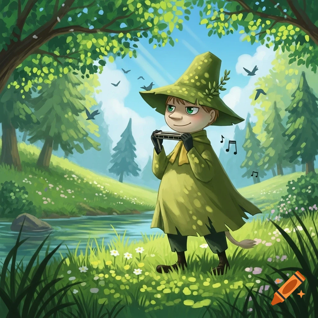 A cartoon character, Snufkin, wearing a green hat and cloak, plays a ...
