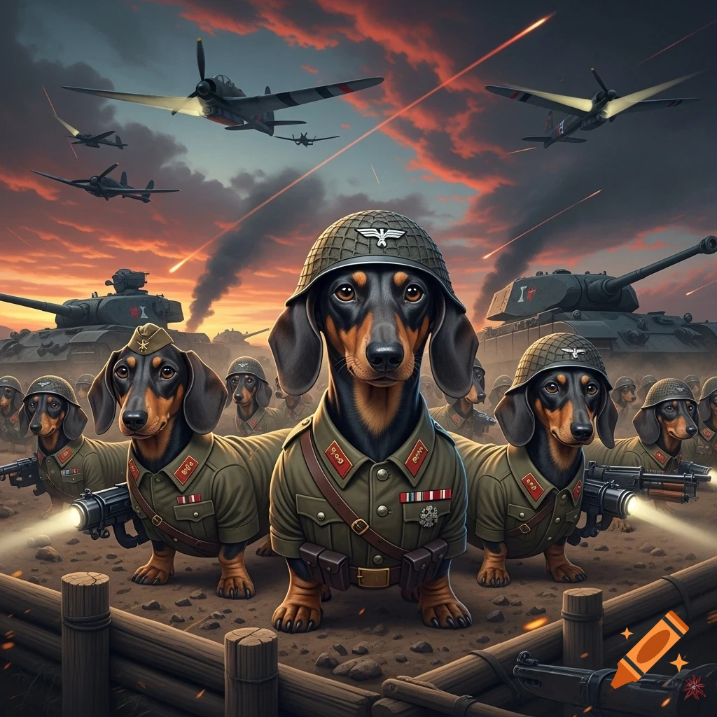 A stylized painting of a dachshund army in military uniforms and ...