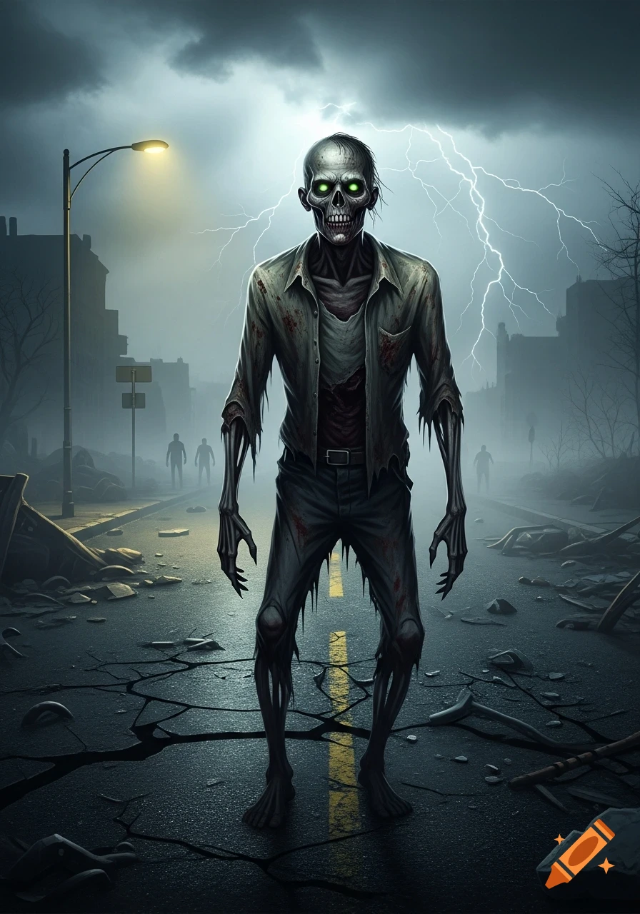 A grotesque zombie with glowing green eyes and torn clothes stands on a ...