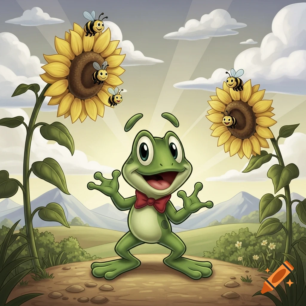 A cheerful green cartoon frog wearing a red bowtie stands in a sunny ...