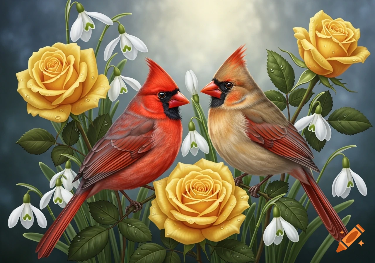 A red male cardinal and a brown female cardinal perch among vibrant ...