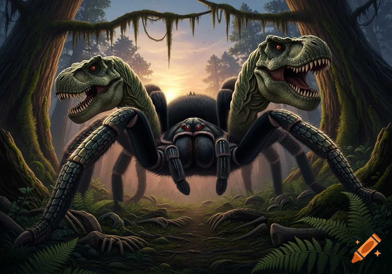 A terrifying black tarantula with two T-Rex heads for front legs ...