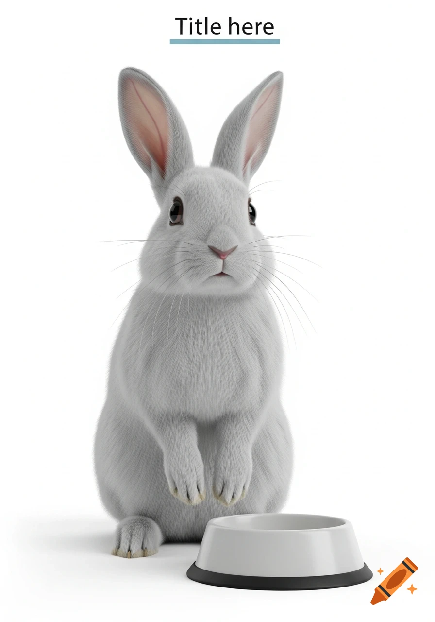 Photorealistic white rabbit sitting, looking forward, with a food bowl ...
