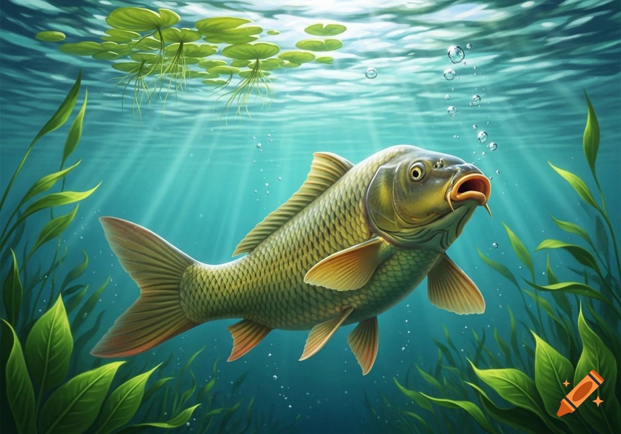 A stylized illustration of a large carp swimming in clear blue-green ...
