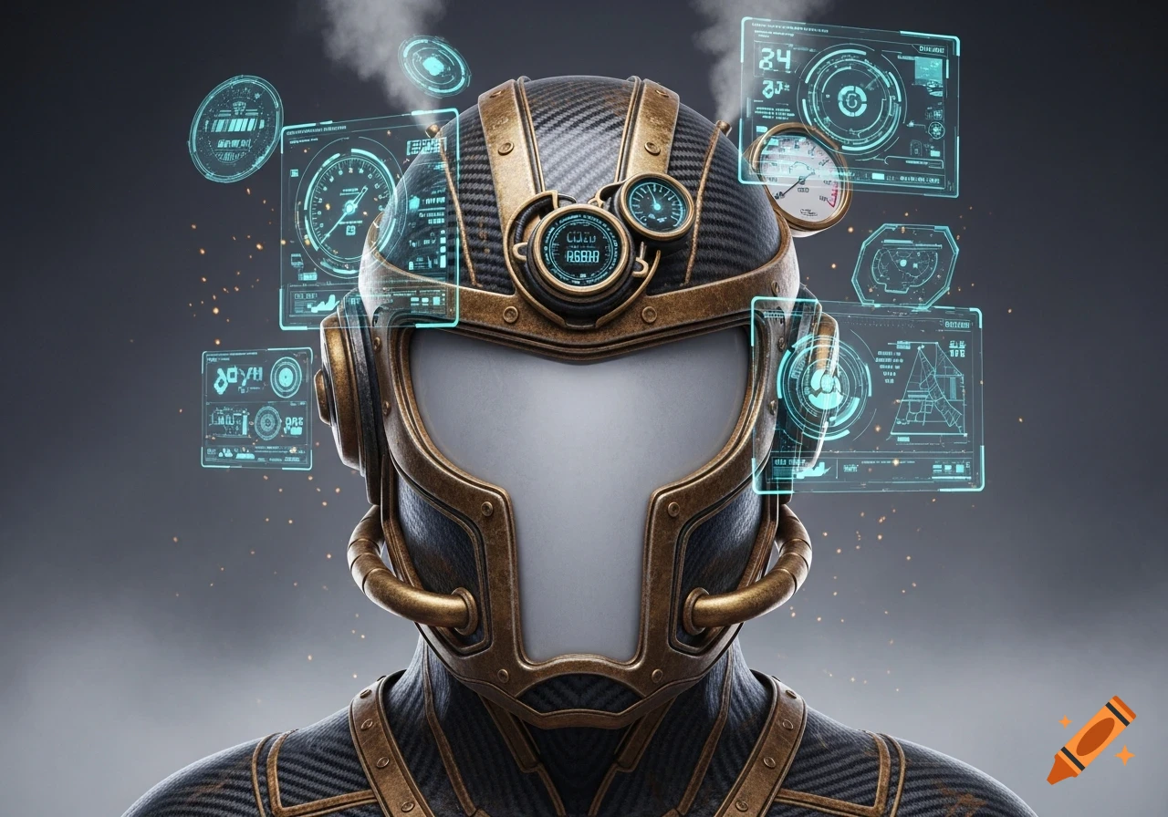 Close-up of a detailed steampunk helmet made of carbon fiber and brass ...
