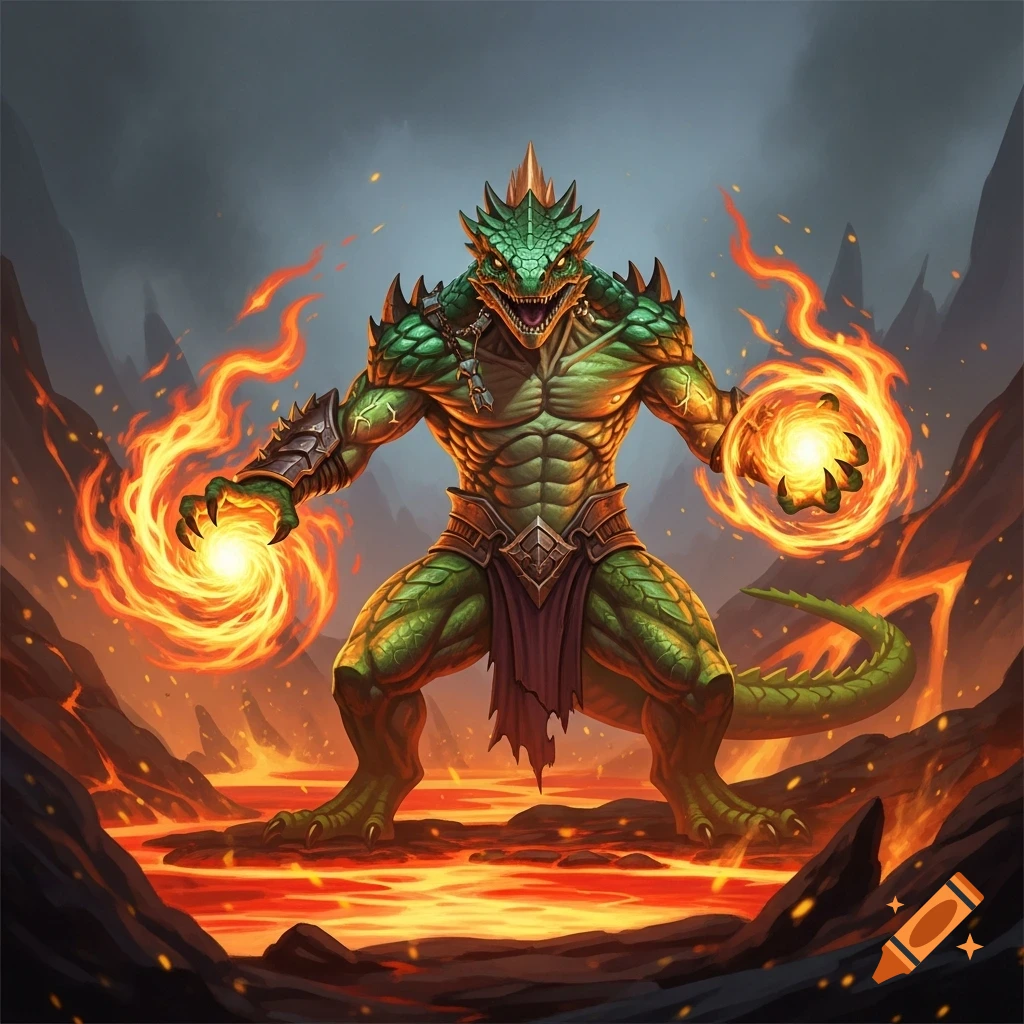 A fierce green lizardfolk stands in a lava pit, wielding swirling ...