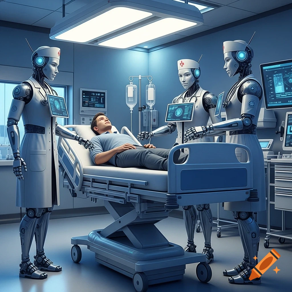 A man lies in a hospital bed, being attended to by three humanoid ...