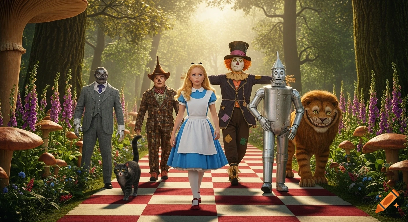 Alice from Wonderland walks on a red and white checkered path in a ...