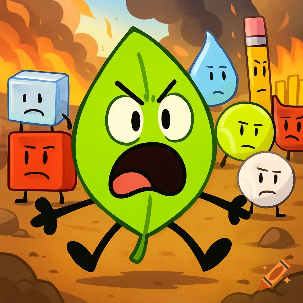 A cartoon green leaf character with an angry expression, shouting ...