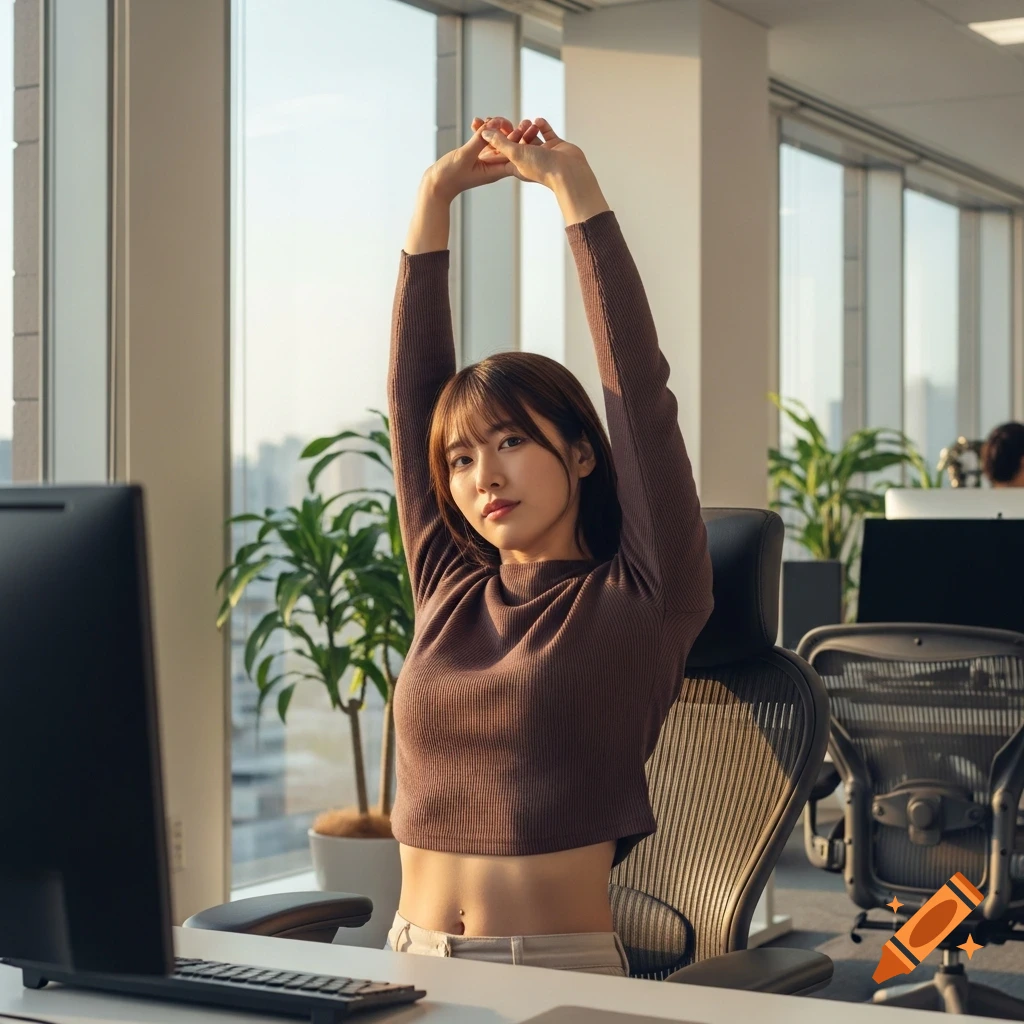 A young Japanese woman in a brown top stretches with arms raised in a ...