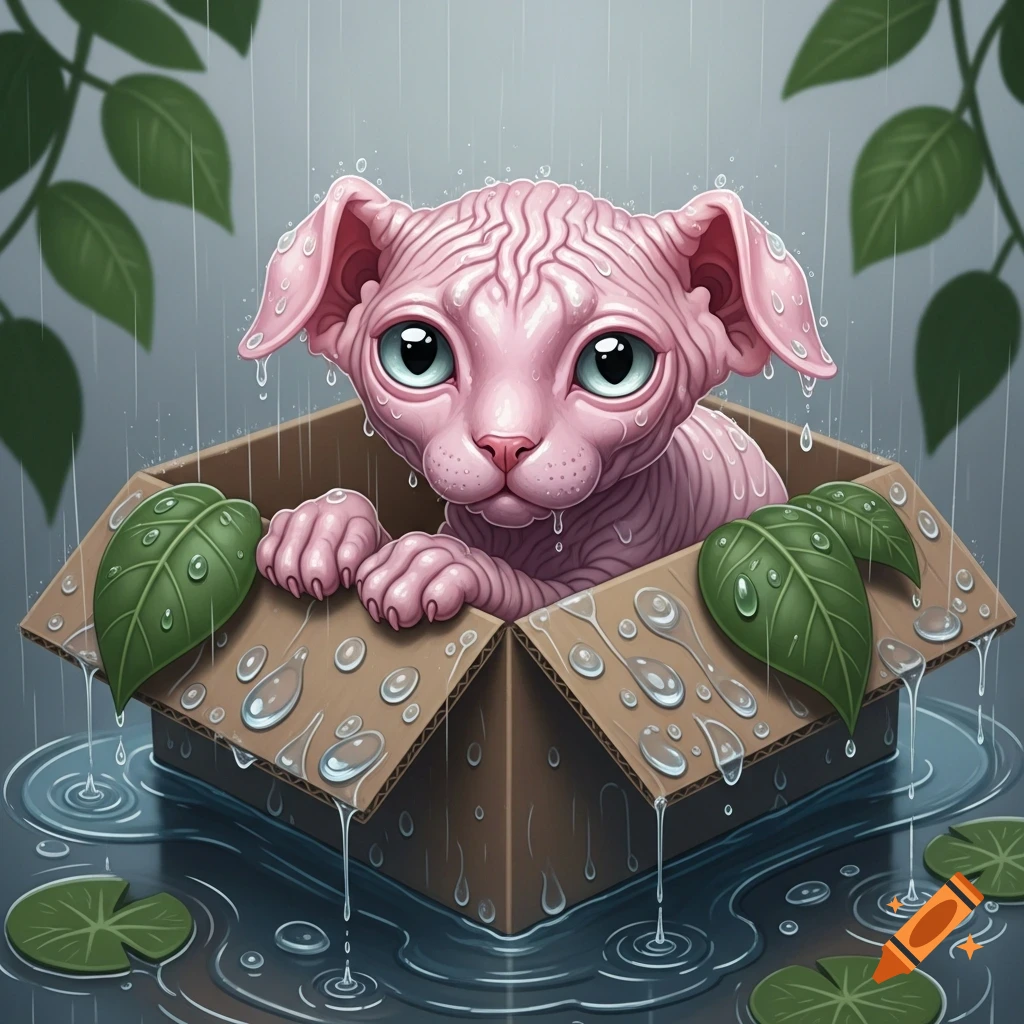 Cute pink hairless cat with big eyes and droopy ears sitting in a rain ...