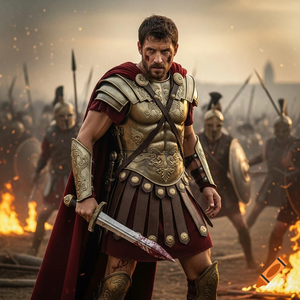 Photorealistic Roman warrior with blood on his face and a bloody sword ...