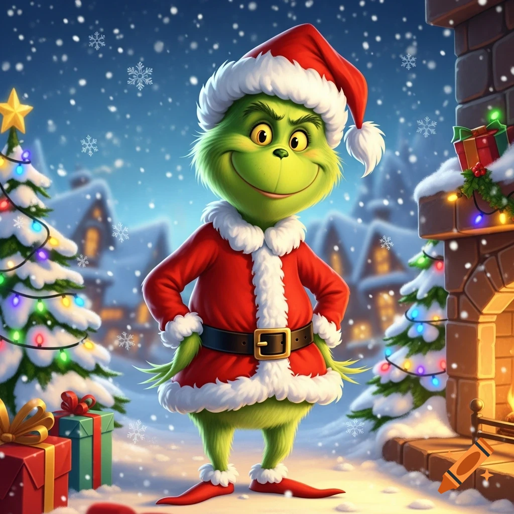 A smiling cartoon Grinch dressed as Santa Claus stands in a snowy ...